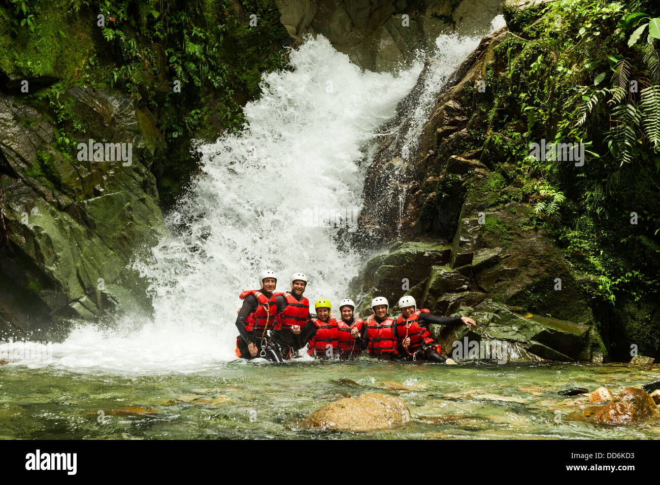 Group Photo Of A Canyoning Team Medium Sized Waterfall In The ...