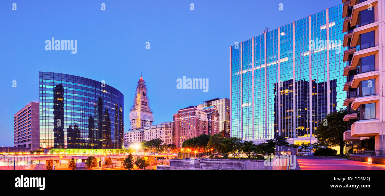 The skyline of downtown Hartford, Connecticut at dusk from across the ...
