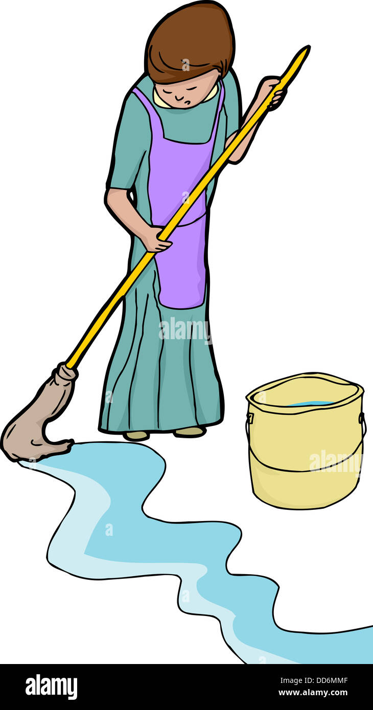 Lady in apron mopping floor over white background Stock Photo - Alamy