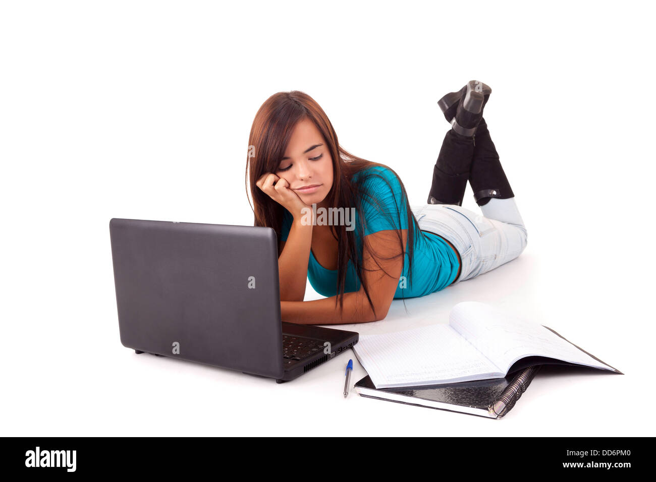Young girl studying - isolated over white background Stock Photo - Alamy