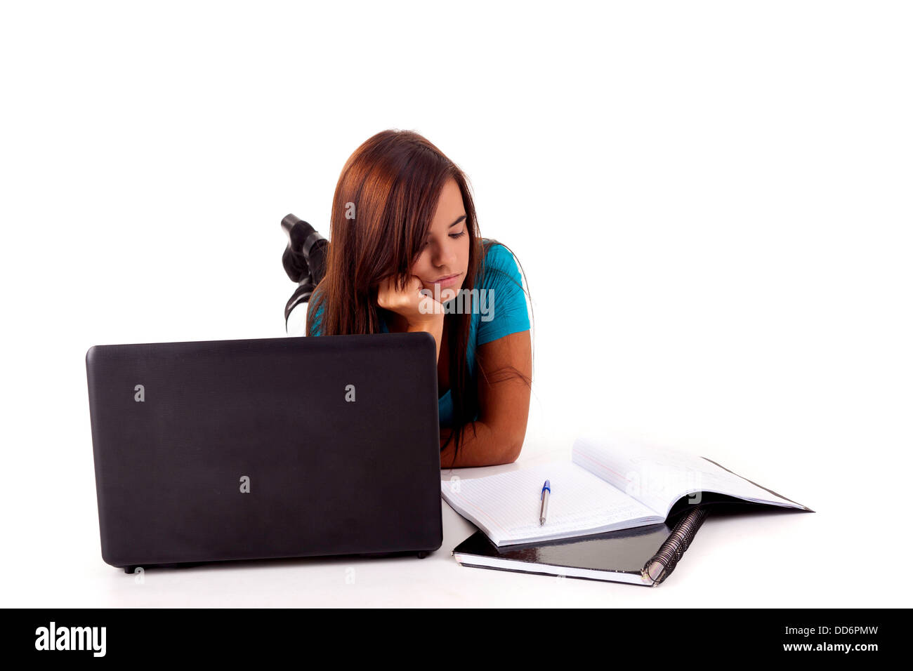 Young girl studying - isolated over white background Stock Photo - Alamy