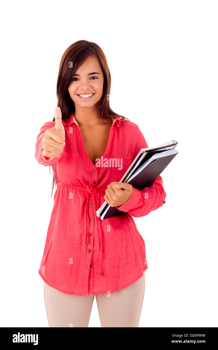 Happy young student expressing positivity sign, isolated over white ...