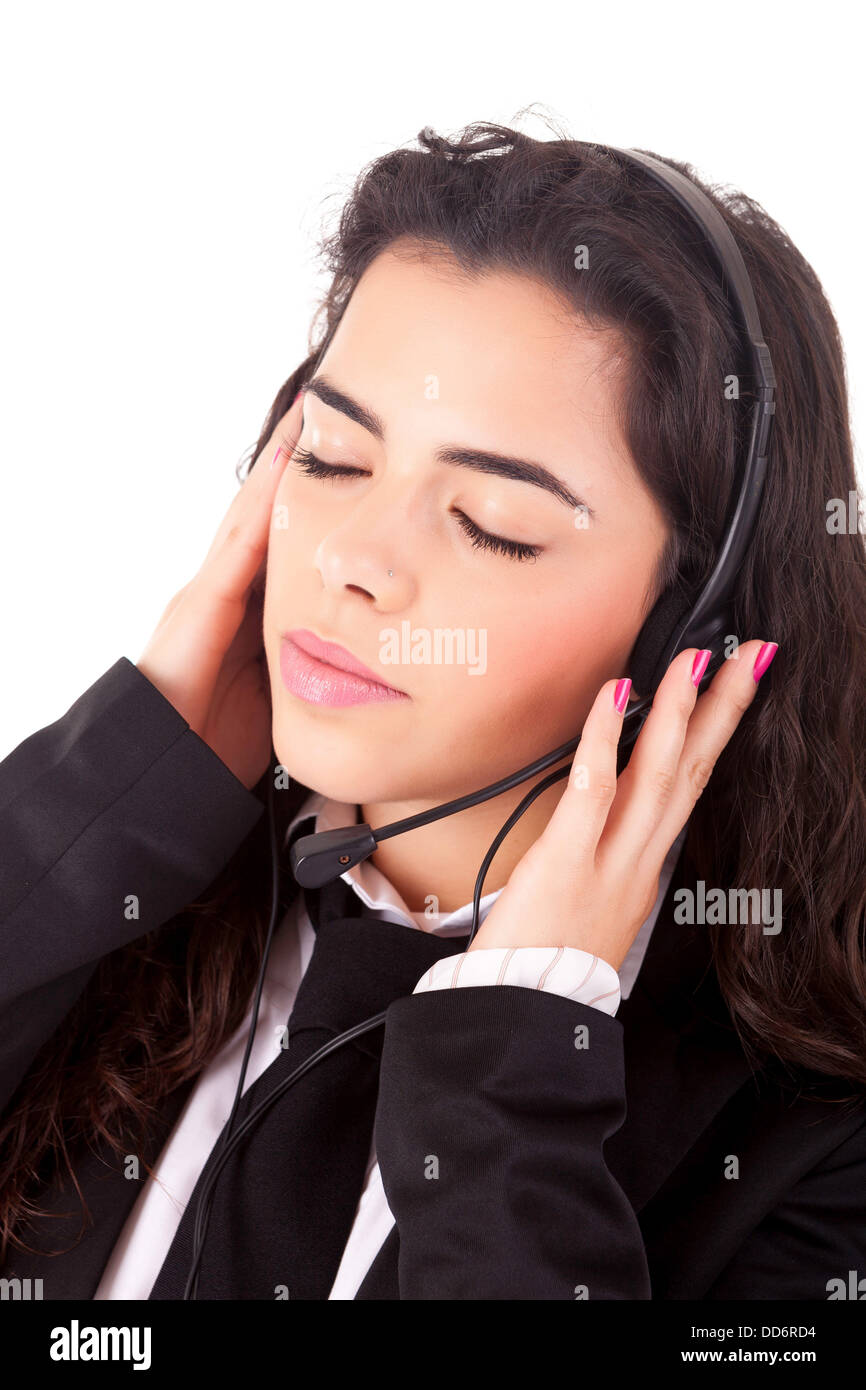 Friendly young beautiful telephone operator at work Stock Photo - Alamy