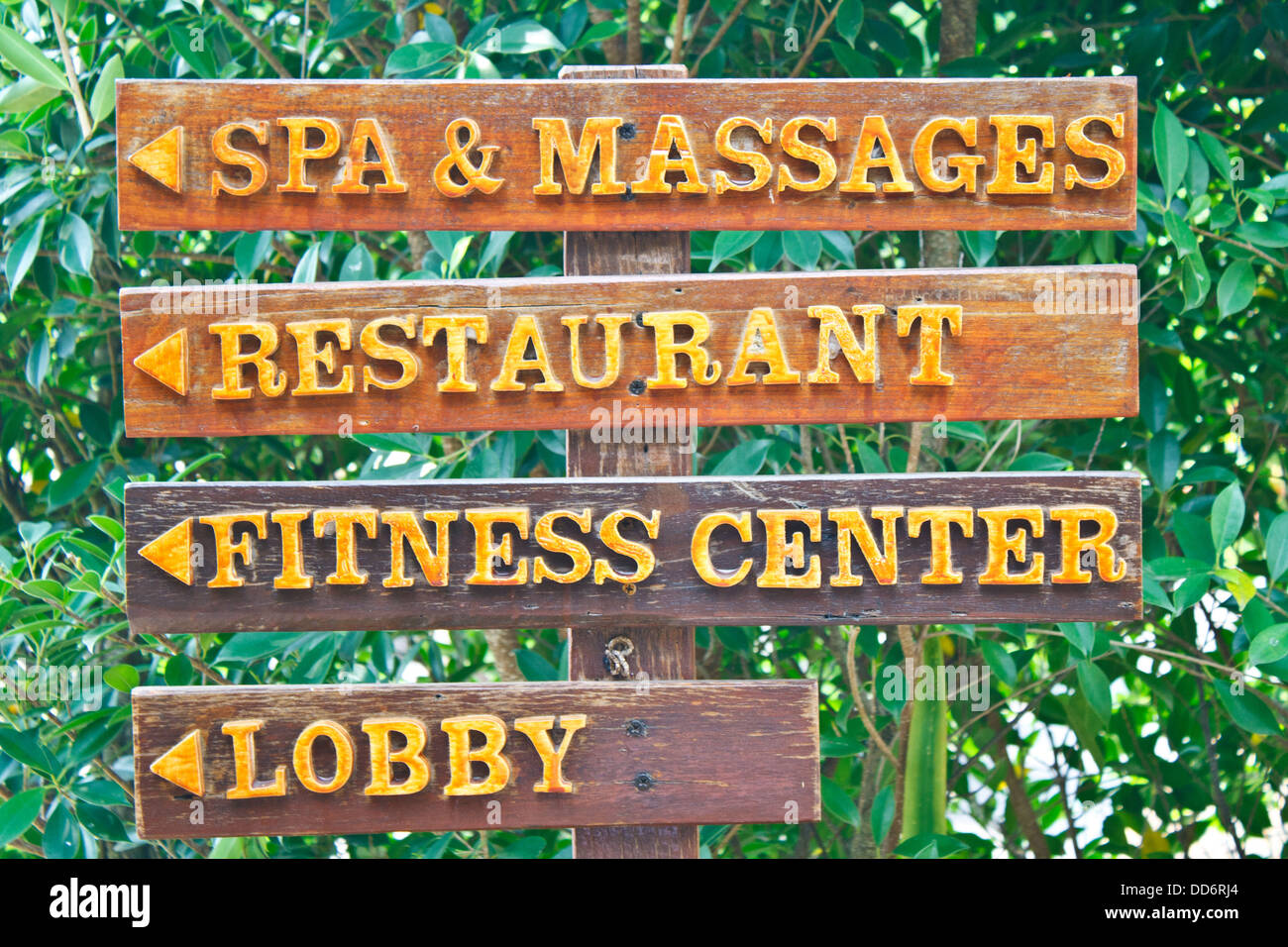 Signs to the various rooms in the resort Stock Photo - Alamy