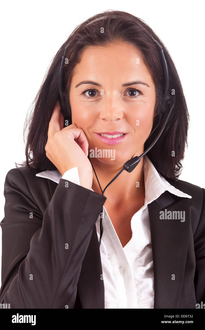 Friendly young beautiful telephone operator at work Stock Photo - Alamy