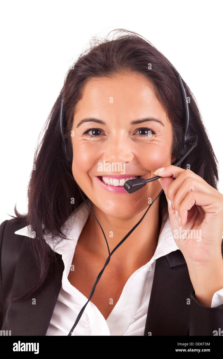 Friendly young beautiful telephone operator at work Stock Photo - Alamy