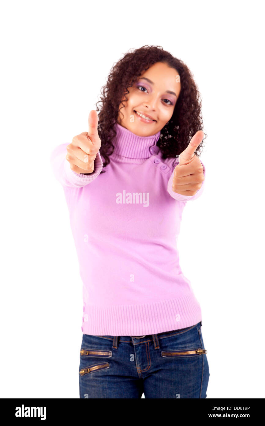 Happy young woman expressing positivity sign, isolated over white Stock ...