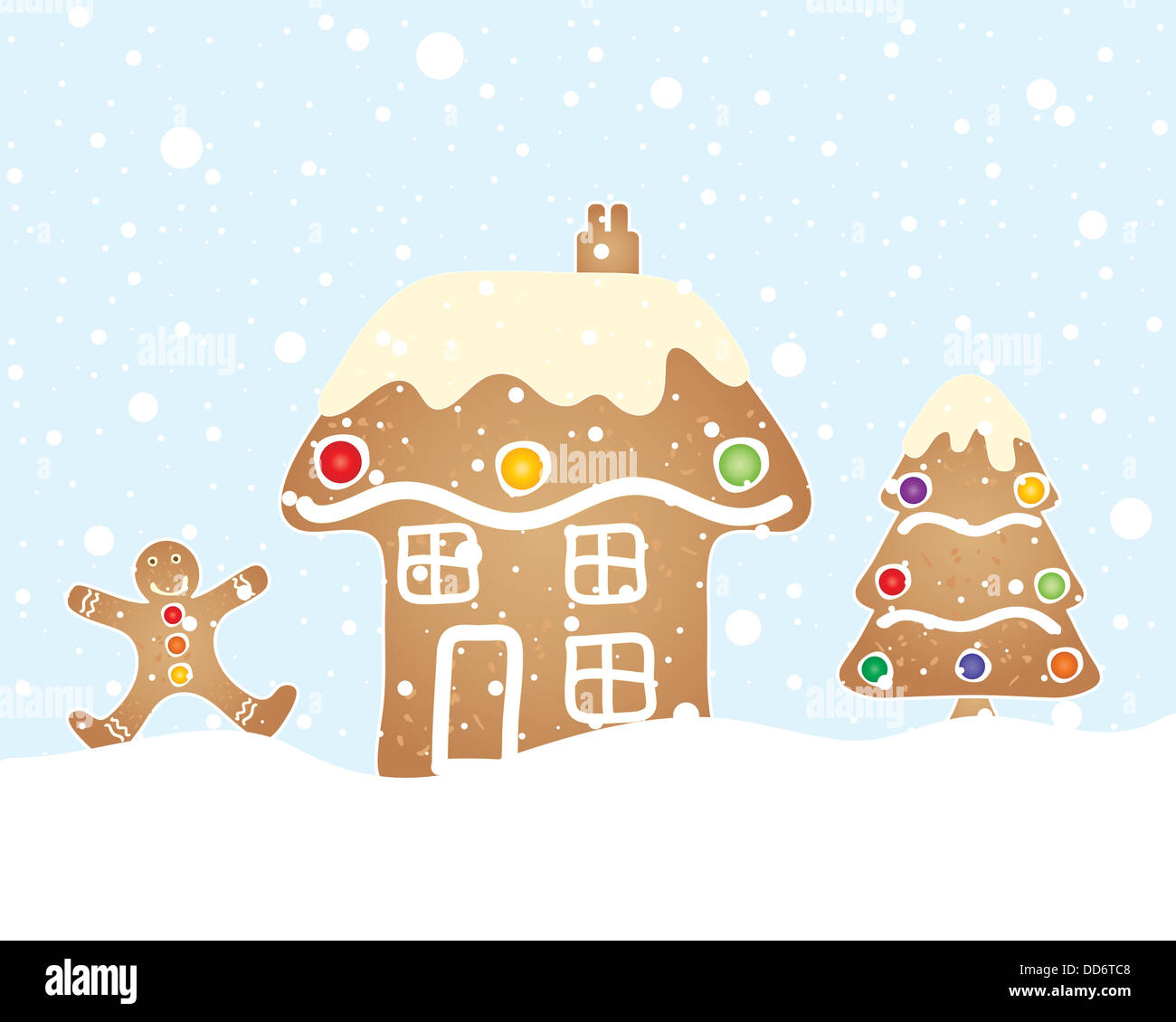 an illustration of a festive gingerbread scene with house tree and man ...
