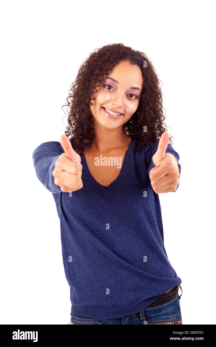Happy young woman expressing positivity sign, isolated over white Stock ...