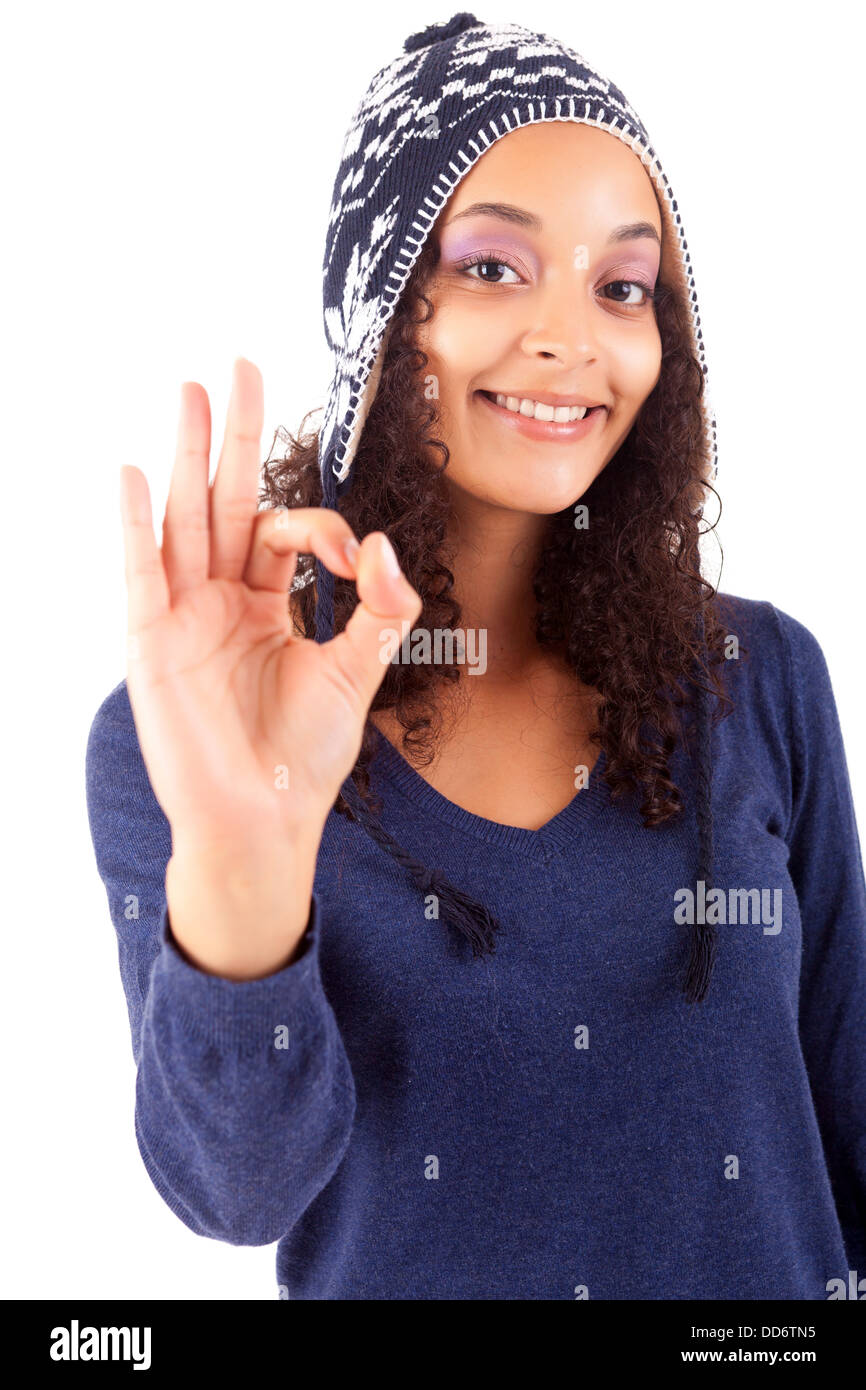 Happy young woman expressing positivity sign, isolated over white Stock ...