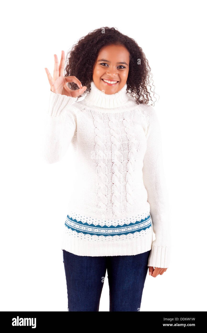 Happy young woman expressing positivity sign, isolated over white Stock ...