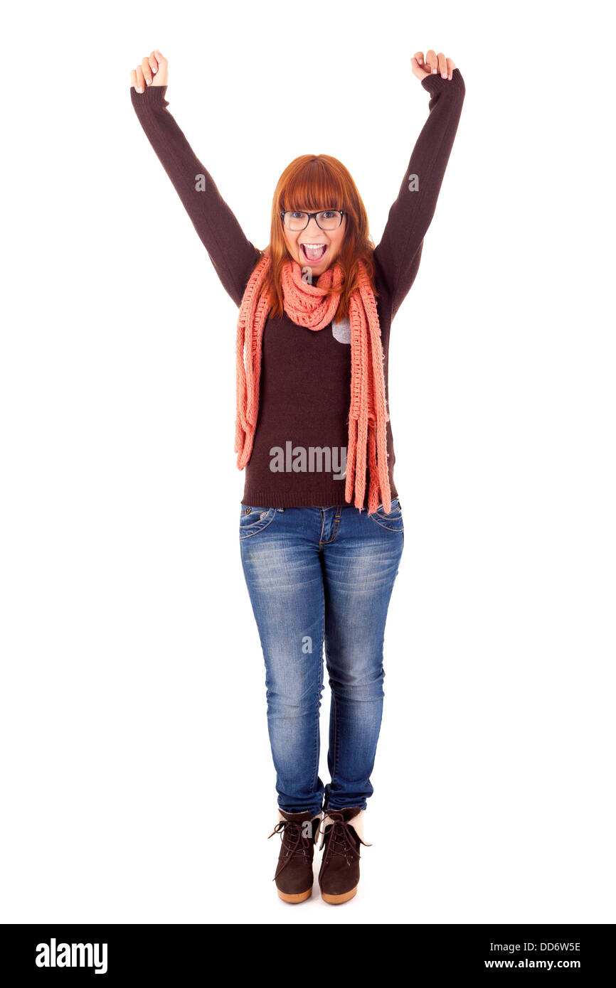 Happy young woman expressing positivity sign, isolated over white Stock ...