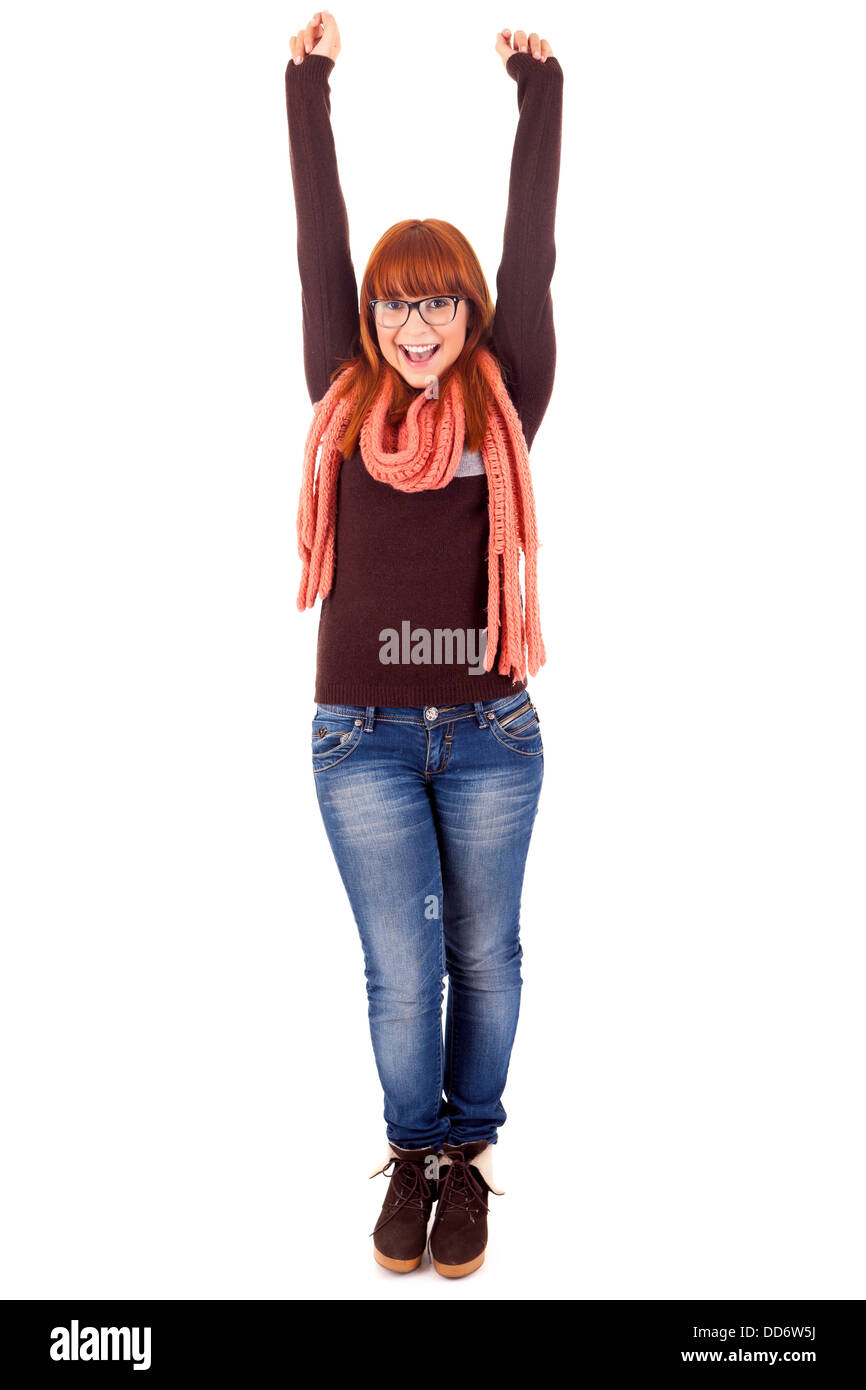 Happy young woman expressing positivity sign, isolated over white Stock ...