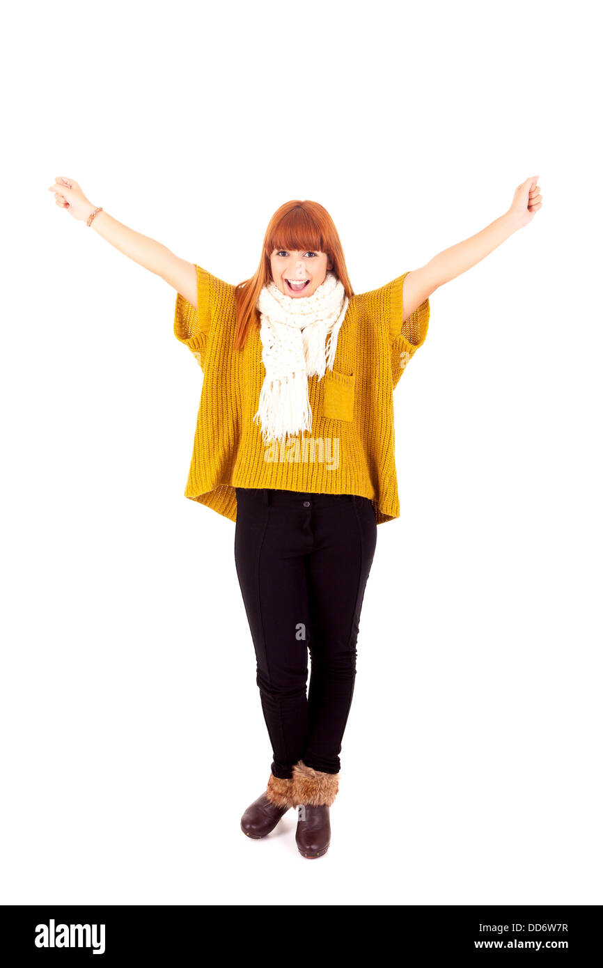 Happy young woman expressing positivity sign, isolated over white Stock ...