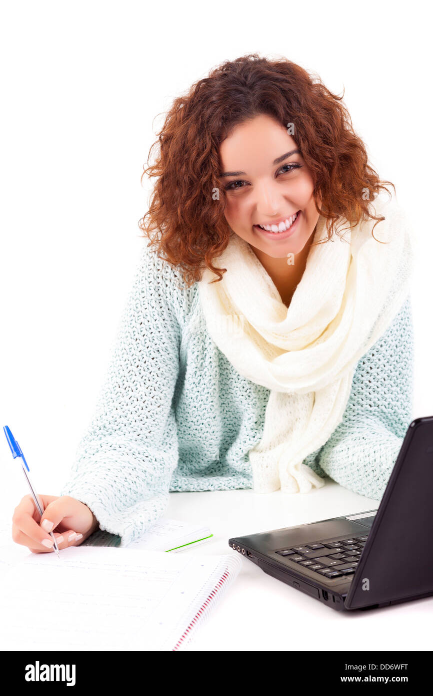 Young girl studying - isolated over white background Stock Photo - Alamy
