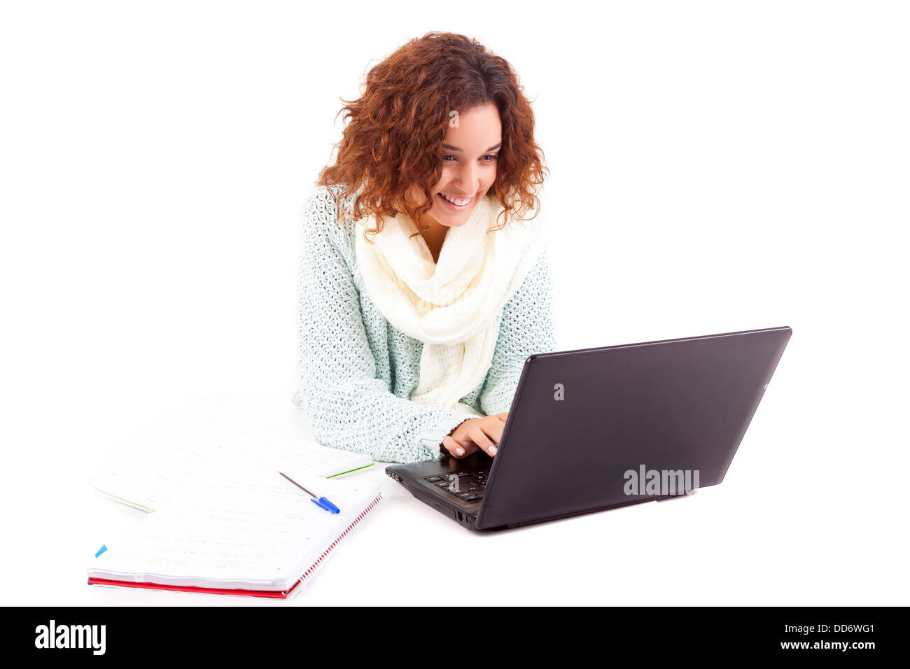Young girl studying - isolated over white background Stock Photo - Alamy