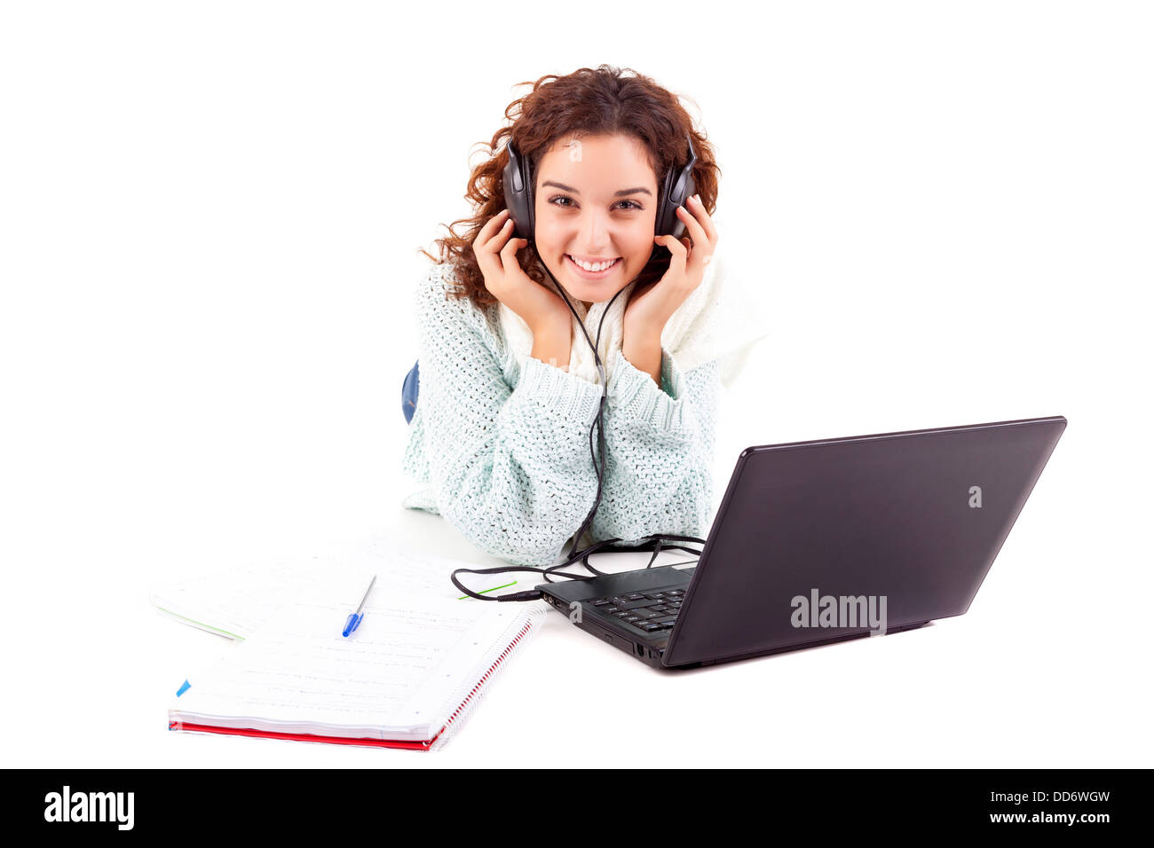 Young girl studying - isolated over white background Stock Photo - Alamy