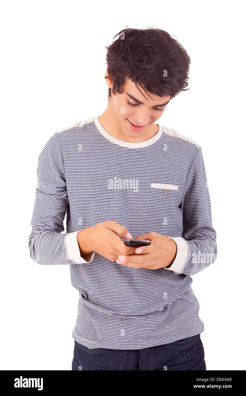 Young boy at the phone, isolated over white Stock Photo - Alamy