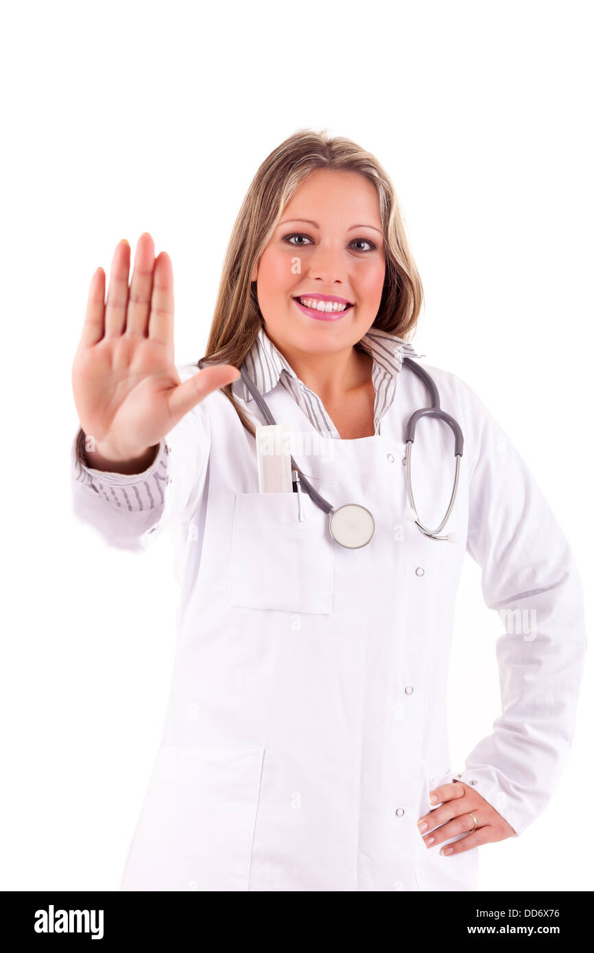 Young nurse making stop sign - isolated over white Stock Photo - Alamy