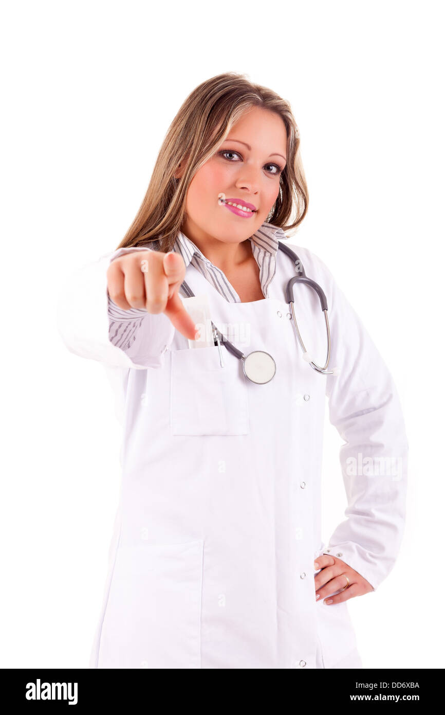 Young doctor pointing forward - isolated over white Stock Photo - Alamy