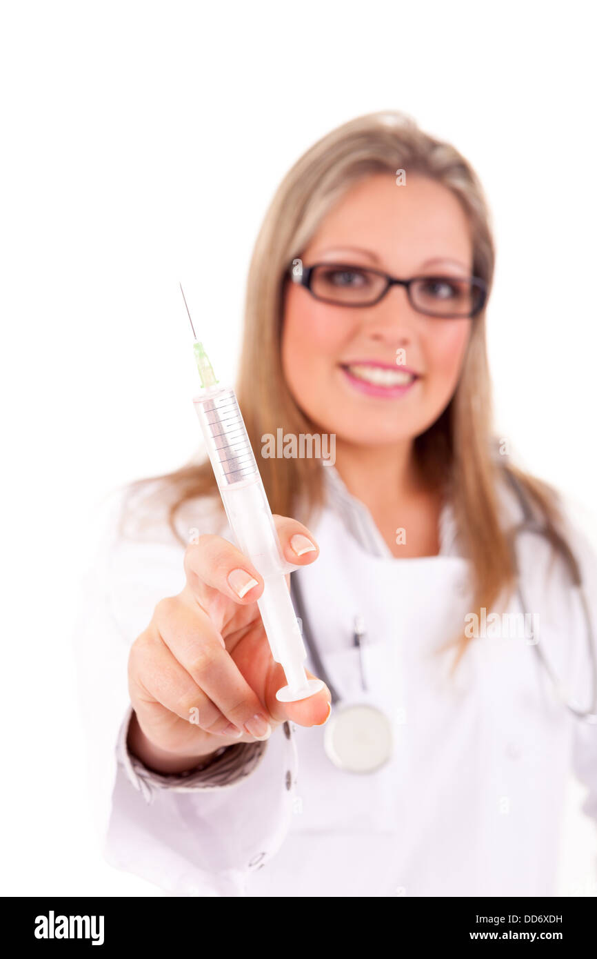 Nurse holding a syringe, isolated over white background Stock Photo - Alamy