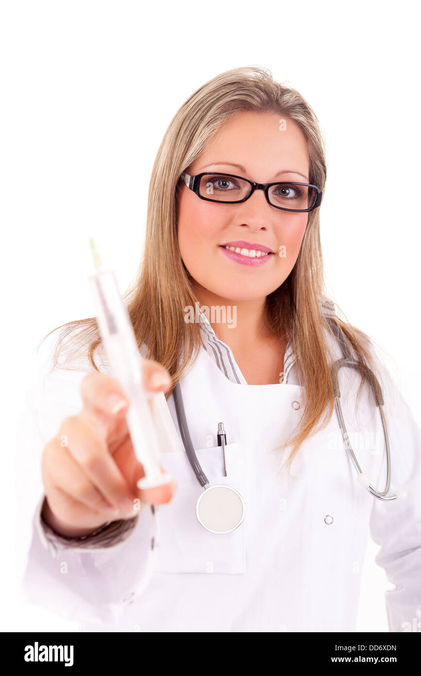 Nurse holding a syringe, isolated over white background Stock Photo - Alamy