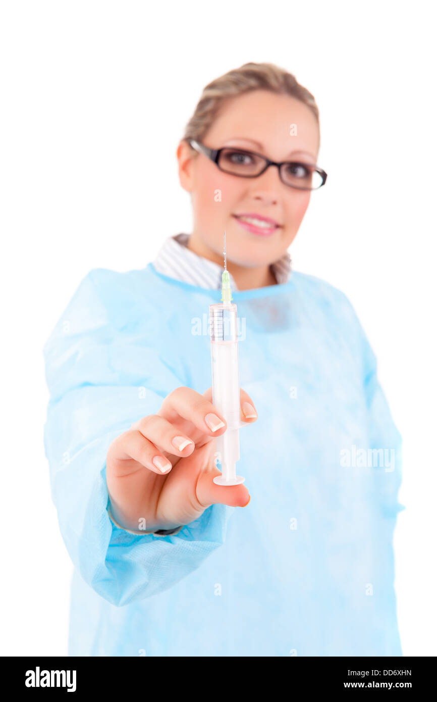 Nurse holding a syringe, isolated over white background Stock Photo - Alamy