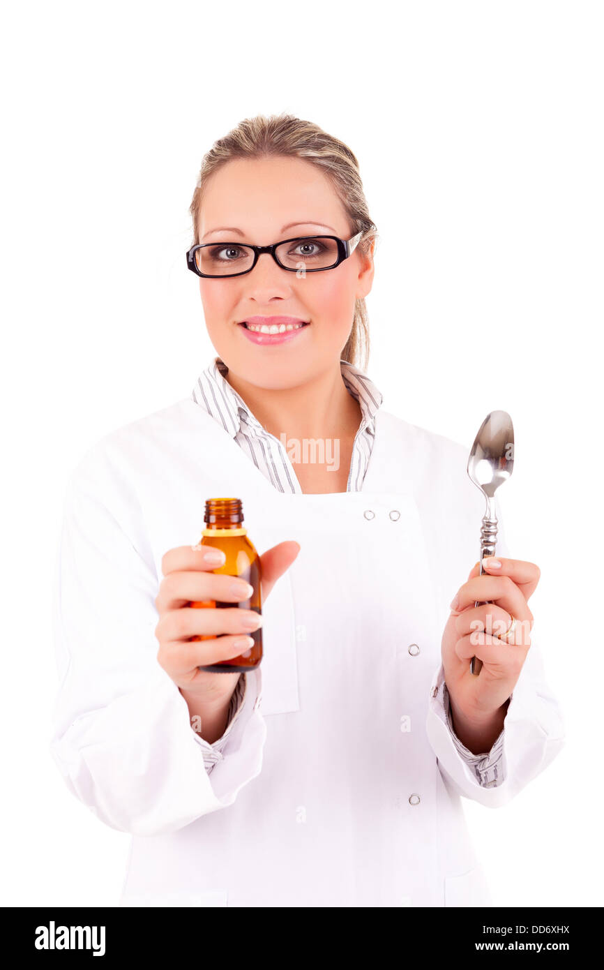 Young and beautiful doctor offering syrup Stock Photo - Alamy