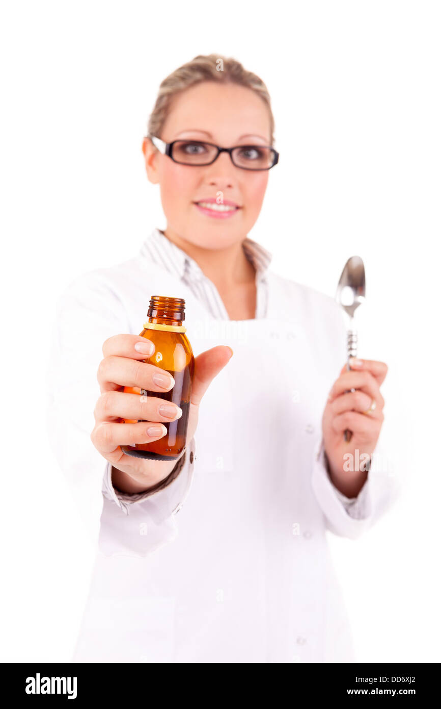 Young and beautiful doctor offering syrup Stock Photo - Alamy