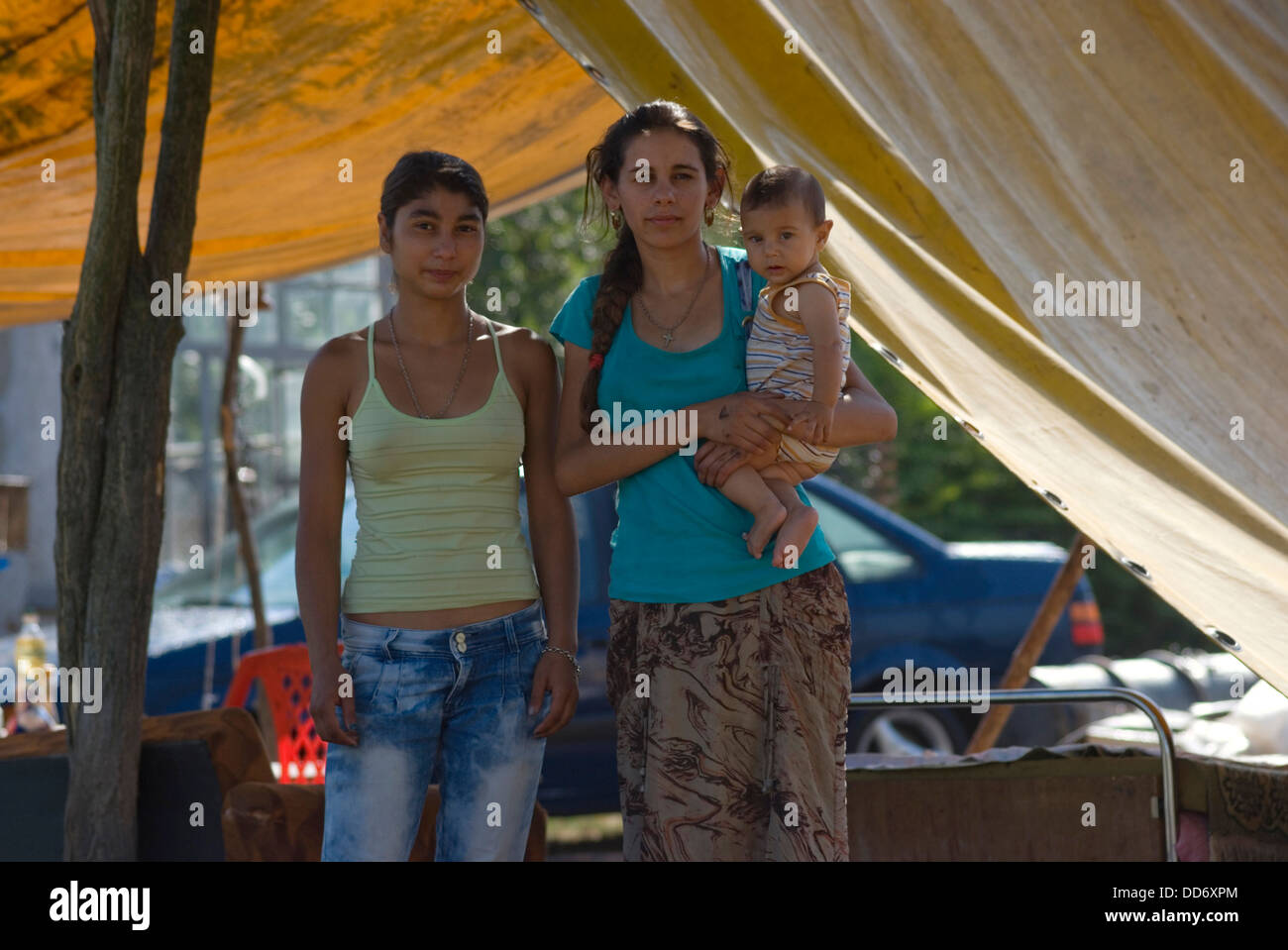 Bulgaria gypsea family outside the tent in rural village Strandja ...
