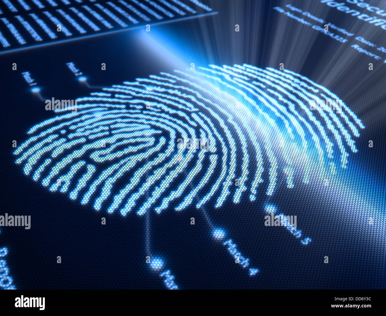 Fingerprint scanning technology on pixellated screen - 3d rendered with ...