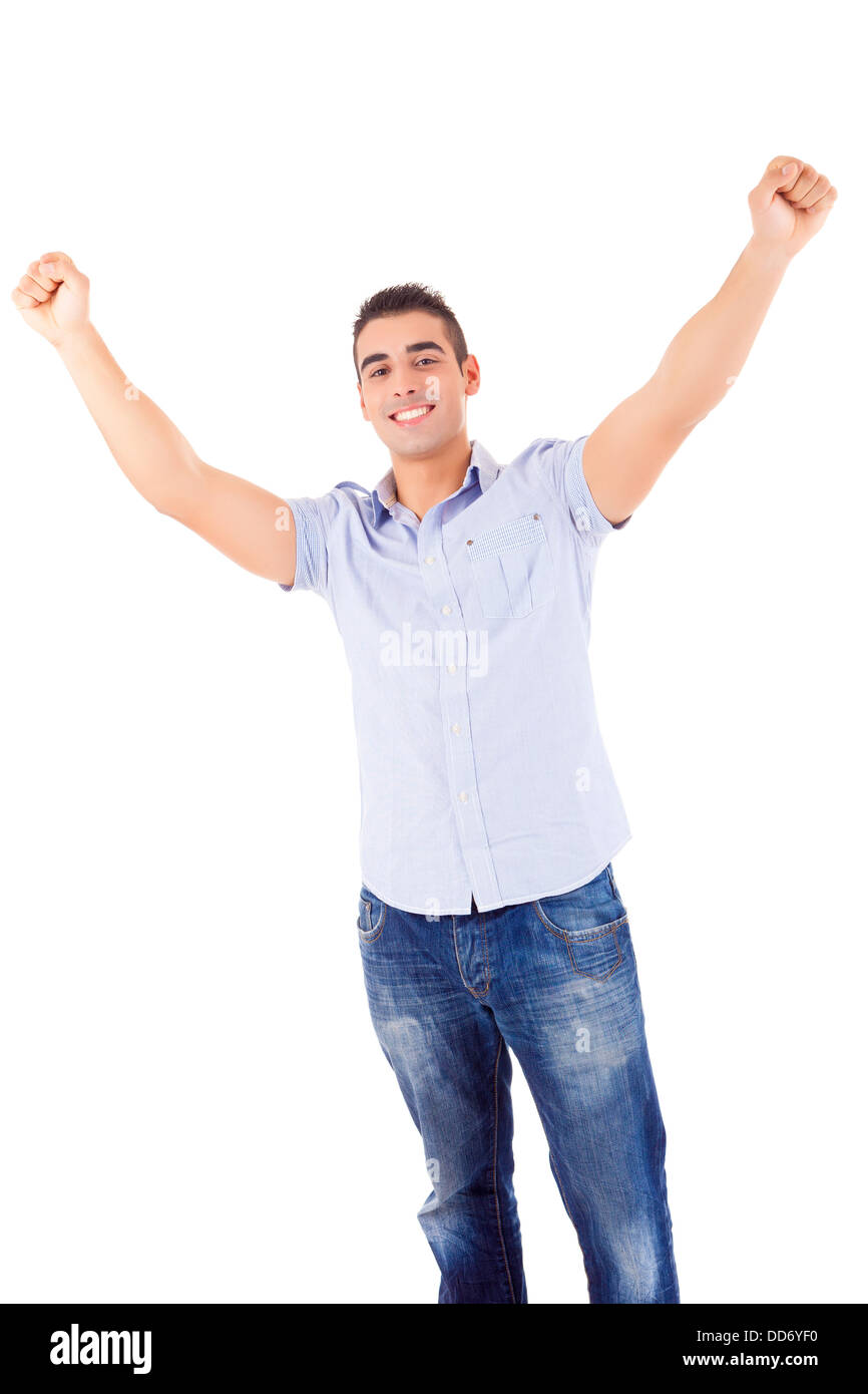 Studio picture of a happy young man with arms raised Stock Photo - Alamy
