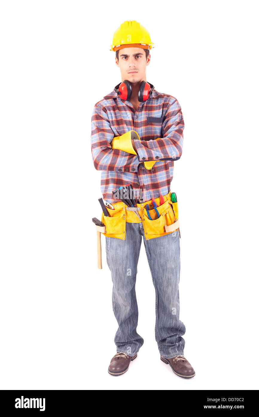 Young male construction worker, isolated over white background Stock ...