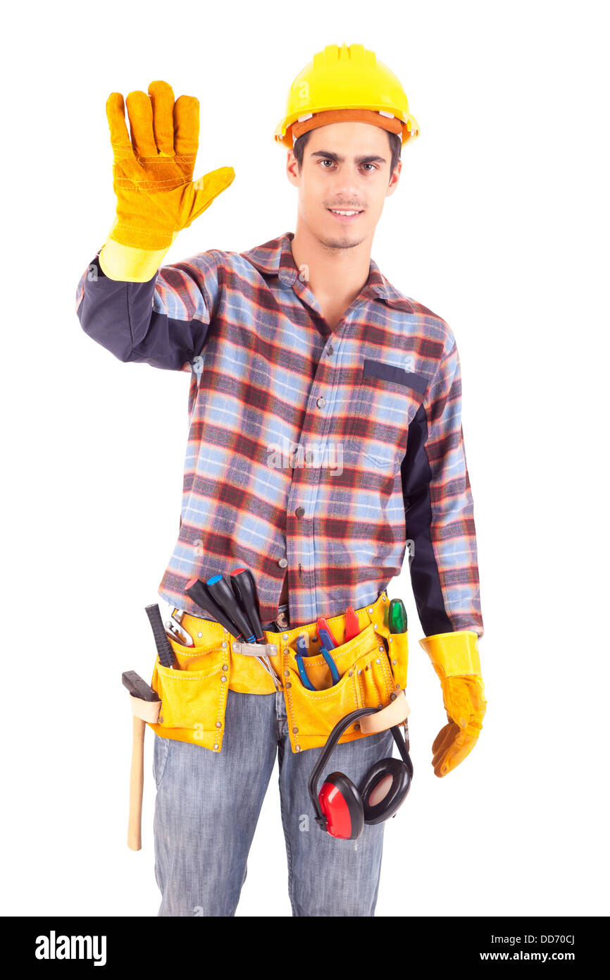 Young male construction worker, isolated over white background Stock ...