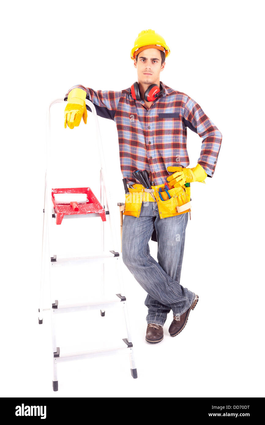 Young male construction worker, isolated over white background Stock ...