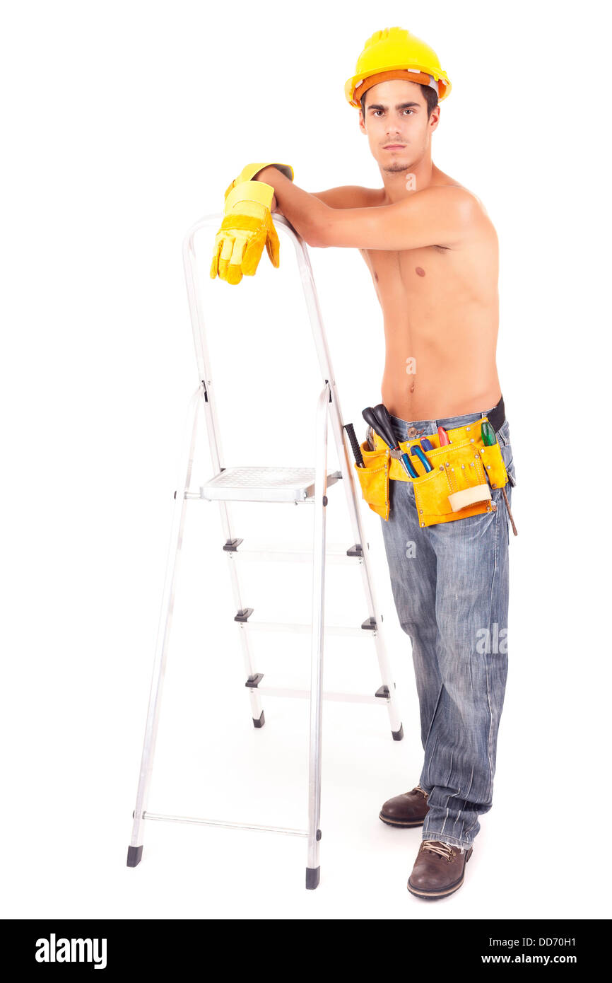 Young male construction worker, isolated over white background Stock ...