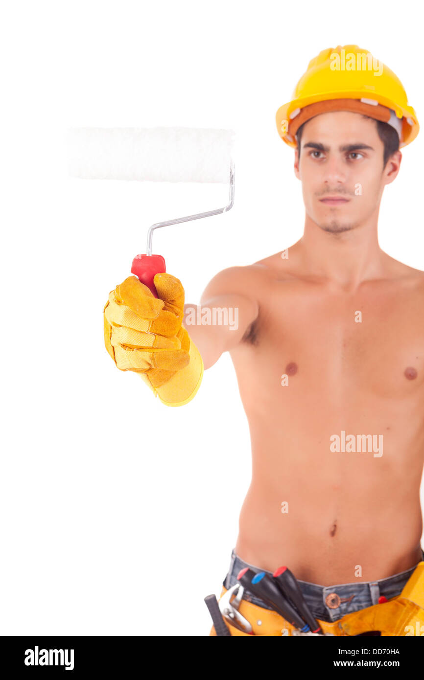 Young male construction worker, isolated over white background Stock ...