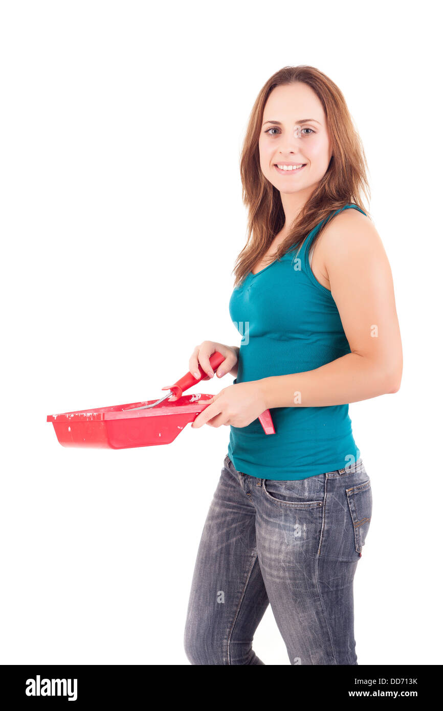 Young woman moving to new house, isolated over white Stock Photo - Alamy
