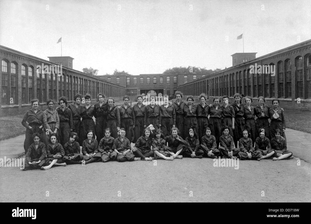 Women war workers in their bloomer work uniforms with sailor suit ...