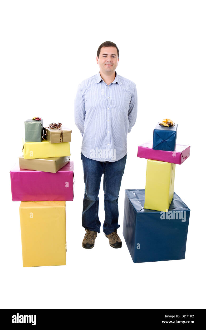 happy silly salesman with some boxes, isolated on white Stock Photo - Alamy