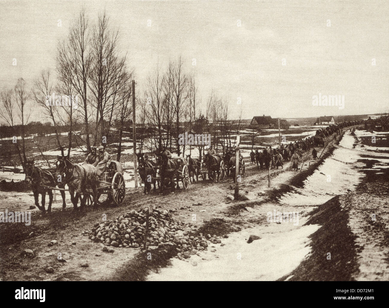 World War 1. German transport column, miles in length, advancing over ...
