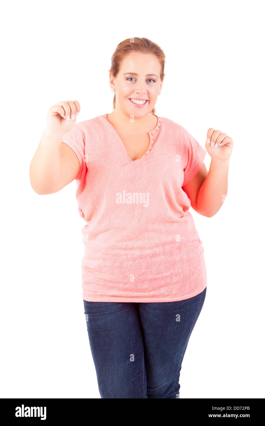 Happy overweighted woman posing isolated over white background Stock ...