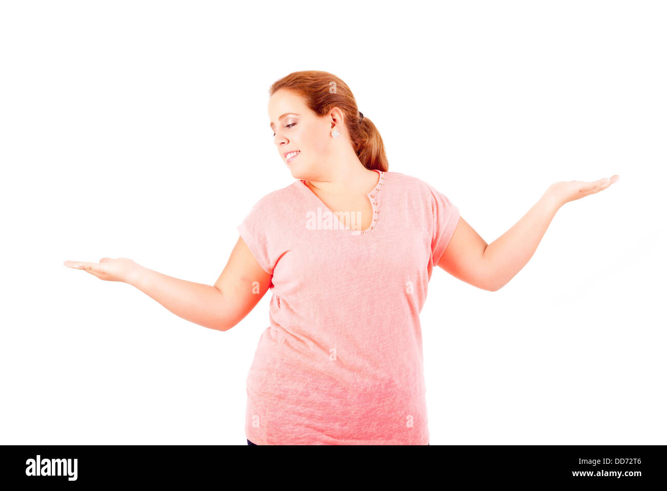 Happy overweighted woman posing isolated over white background Stock ...