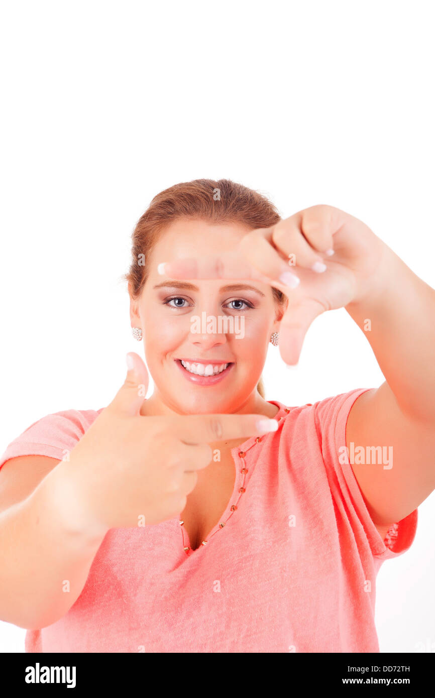 Happy overweighted woman posing isolated over white background Stock ...