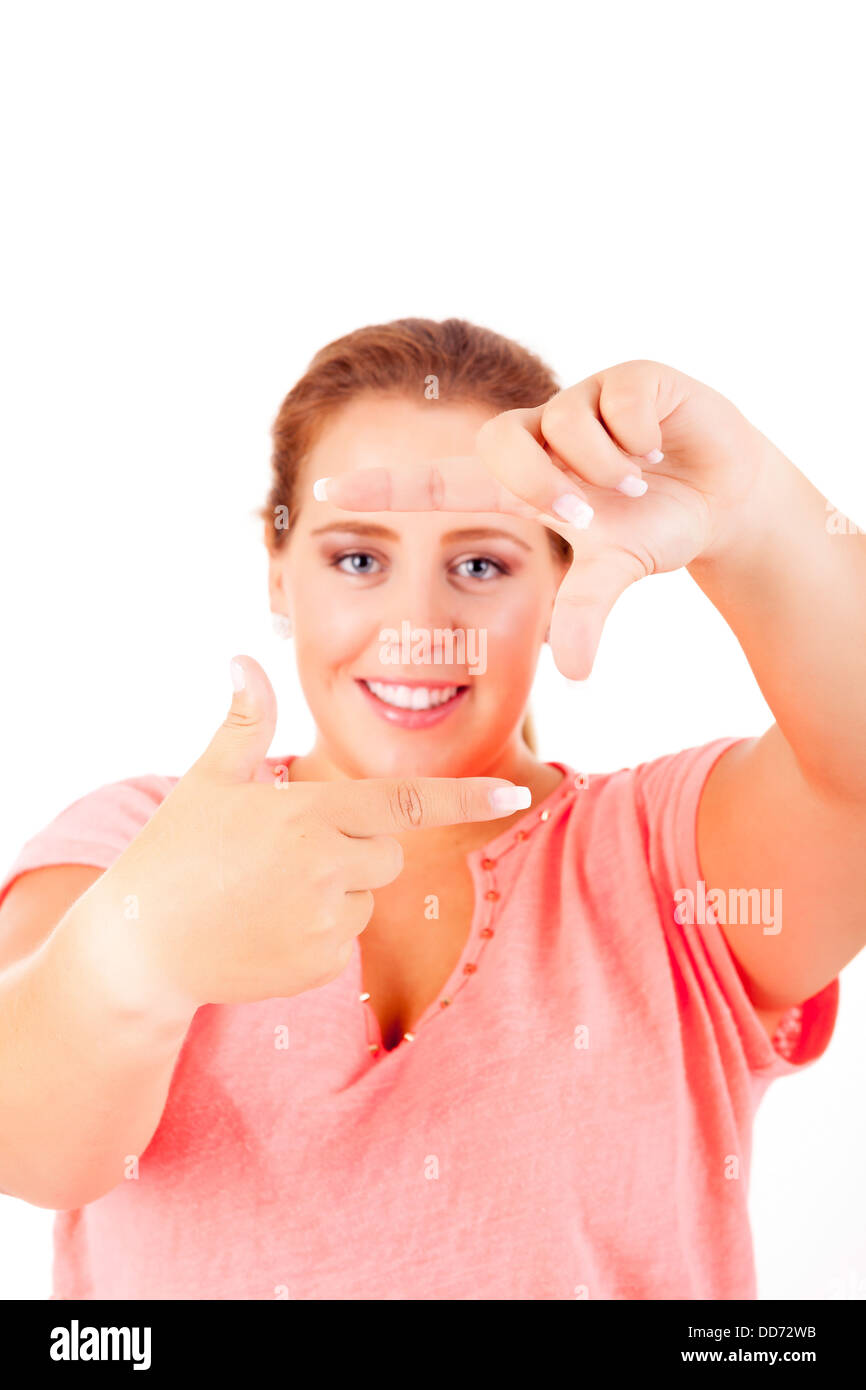Happy overweighted woman posing isolated over white background Stock ...