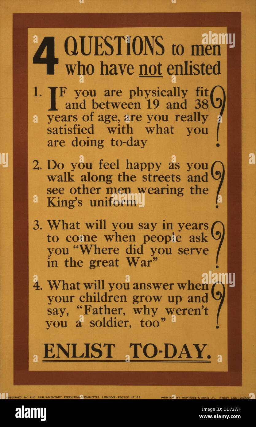 World War 1. 1915 British recruitment poster posing '4 Questions to Men ...