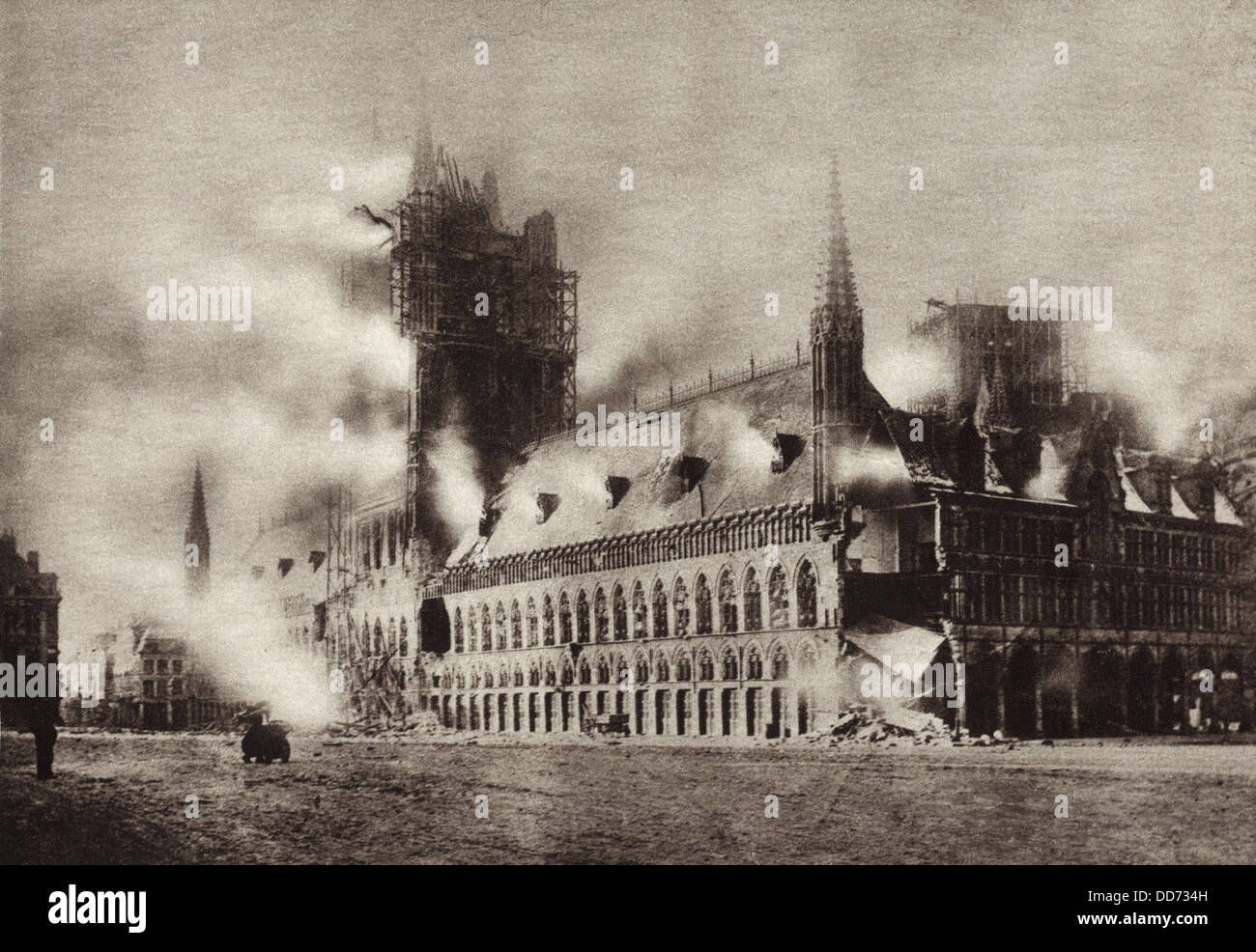 World War 1. The medieval Cloth Hall of Ypres, Belgium, in flames from ...