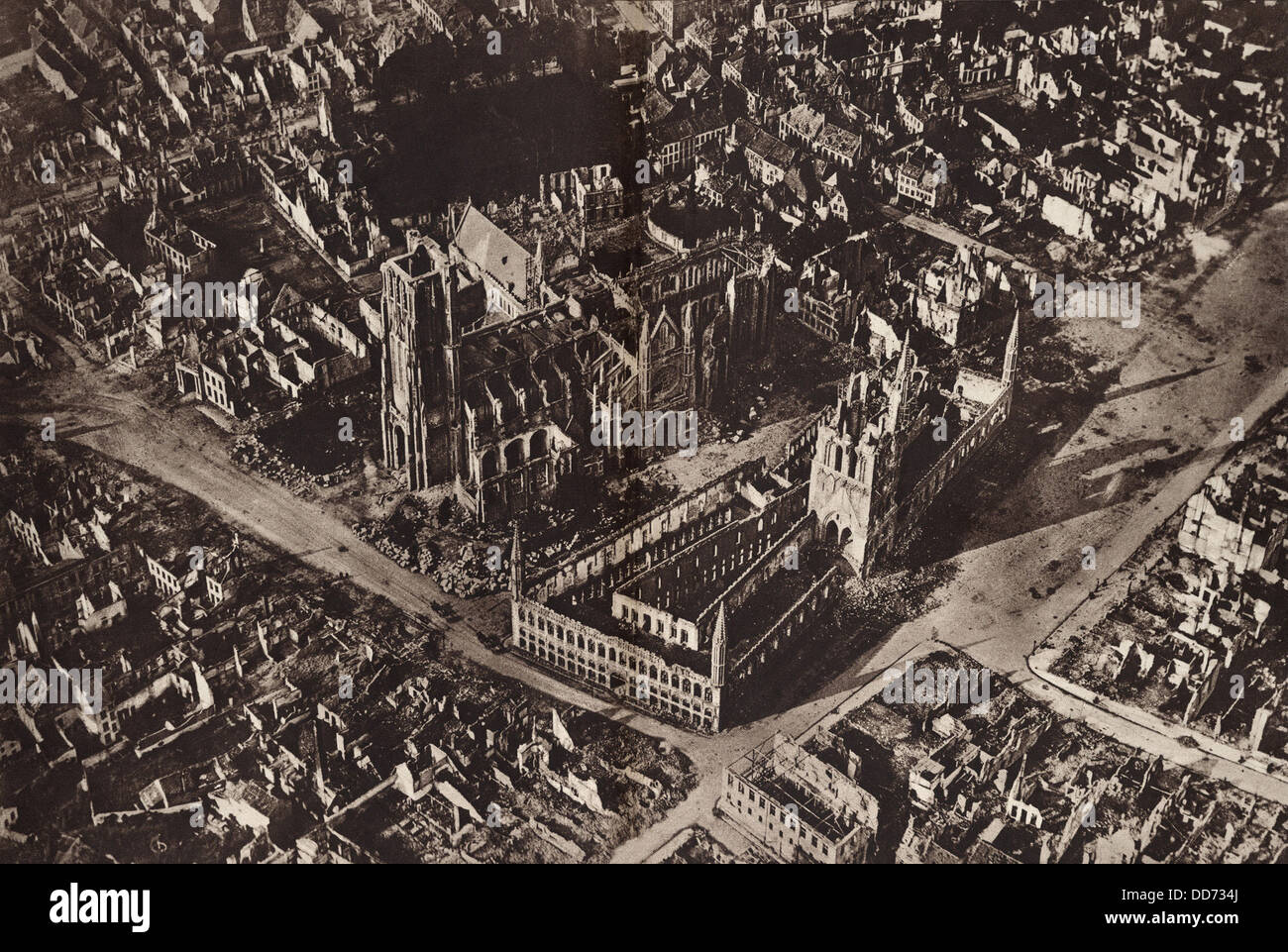 World War 1. Aerial view of the ruins of Ypres, Belgium showing the ...