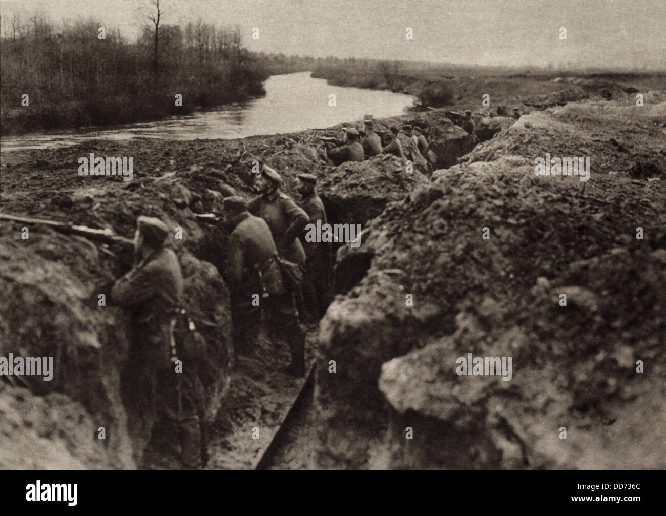 World War 1. German troops holding a first-line trench on the river ...