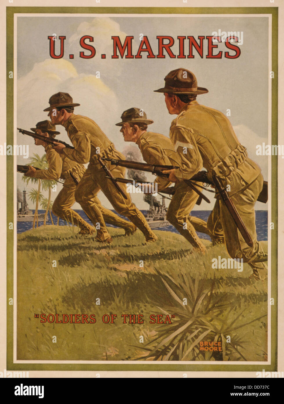 World War 1. U.S. Marines recruiting poster showing marines in a ...